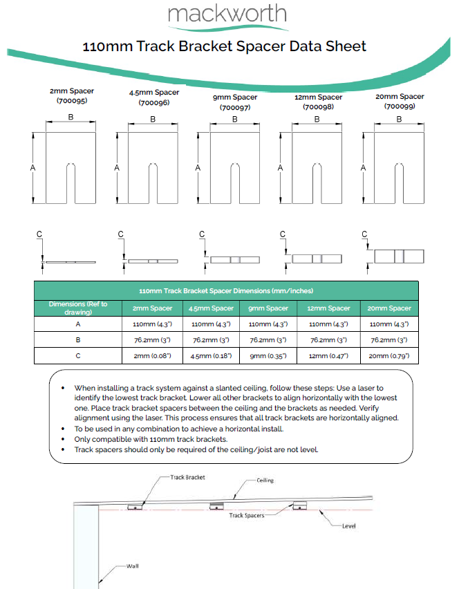 110mm Track Bracket Spacer Data Sheet - Mackworth Overhead Lift Centre