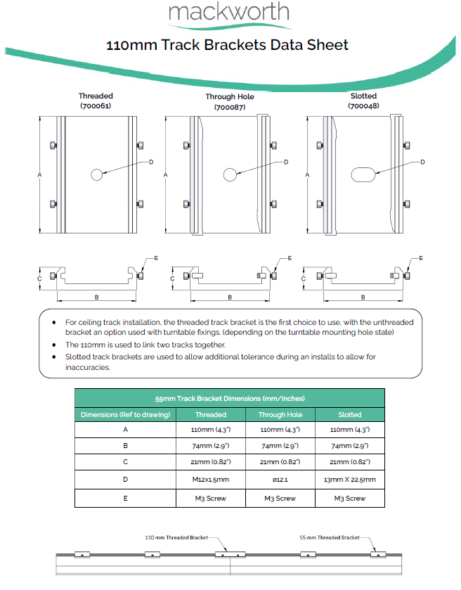 110mm Track Bracket Data Sheet - Mackworth Overhead Lift Centre