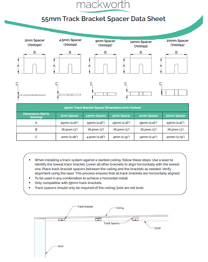 55mm Track Bracket Spacer Data Sheet - Mackworth Overhead Lift Centre