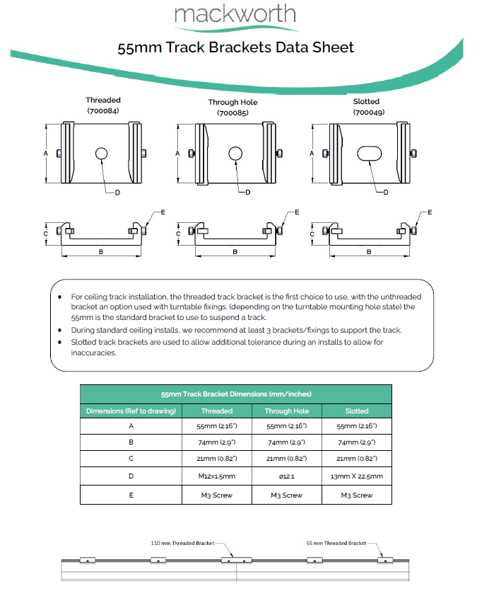 55mm Track Bracket Data Sheet - Mackworth Overhead Lift Centre
