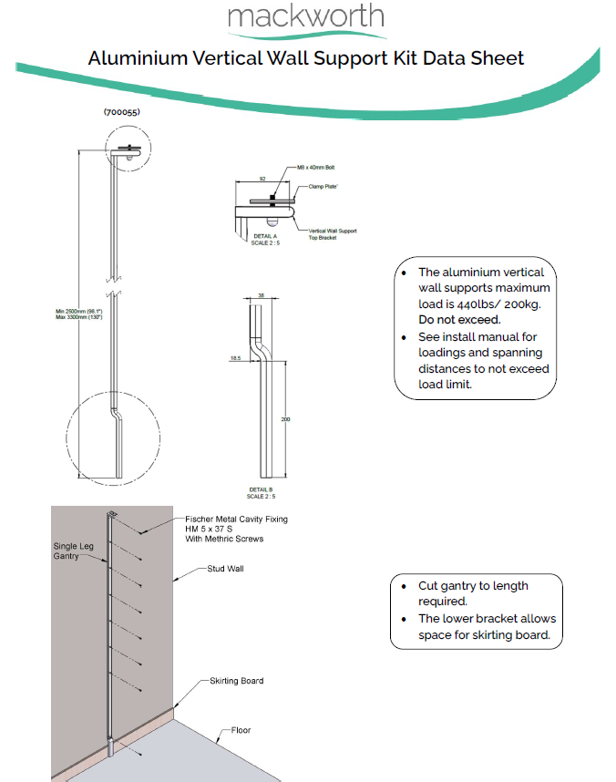 Aluminium Vertical Wall Support Kit Data Sheet - Mackworth Overhead ...