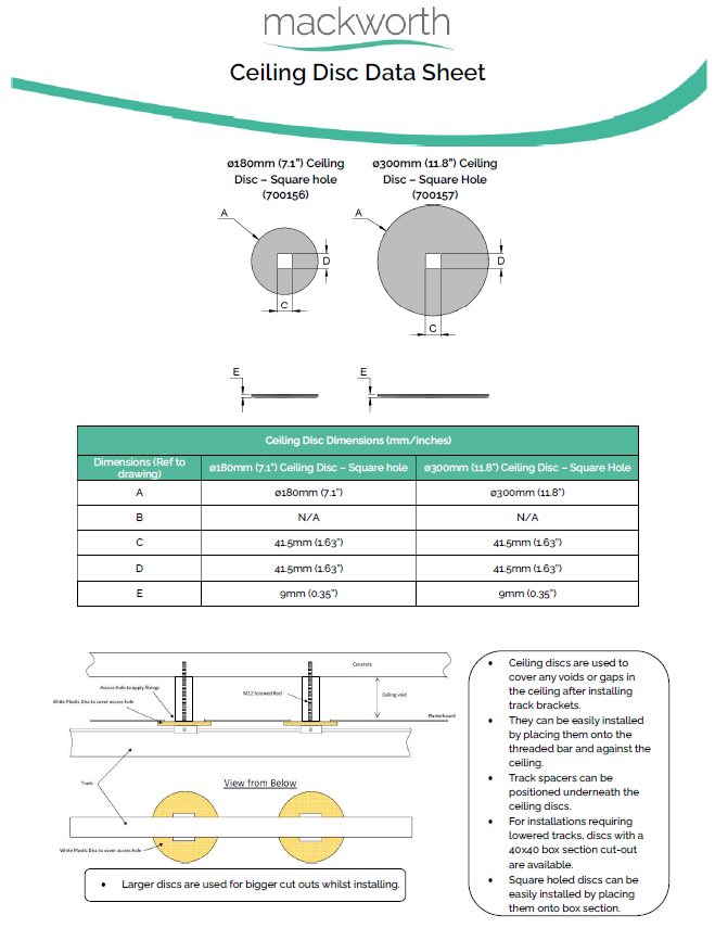 Ceiling Disc Data Sheet - Mackworth Overhead Lift Centre