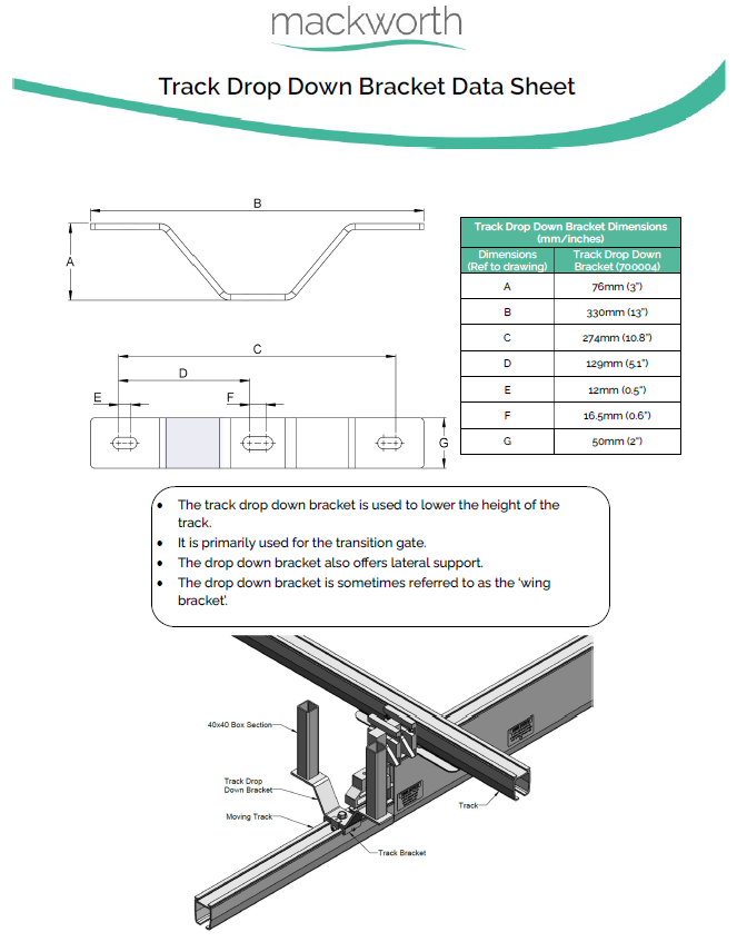 Track Drop Down Bracket Data Sheet - Mackworth Overhead Lift Centre