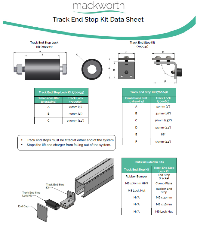 Track End Stop Kit Data Sheet - Mackworth Overhead Lift Centre