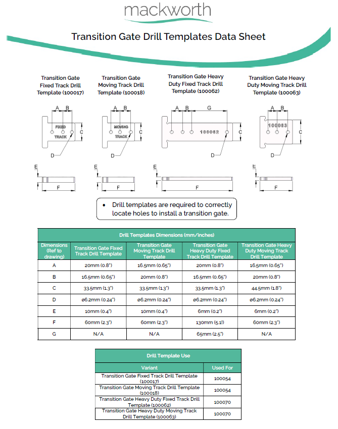 Transition Gate Drill Templates Data Sheet - Mackworth Overhead Lift Centre