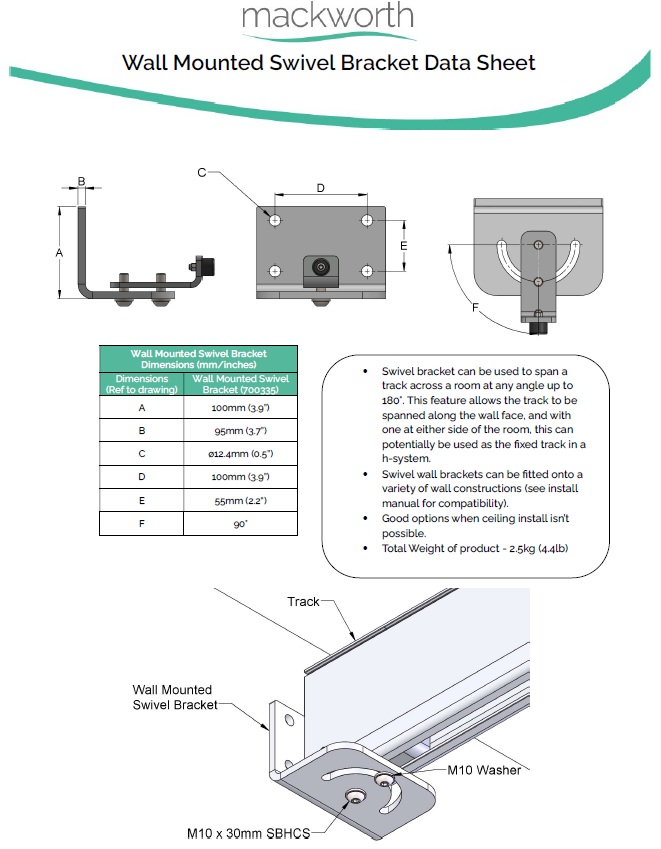 Wall Mounted Swivel Bracket Data Sheet - Mackworth Overhead Lift Centre